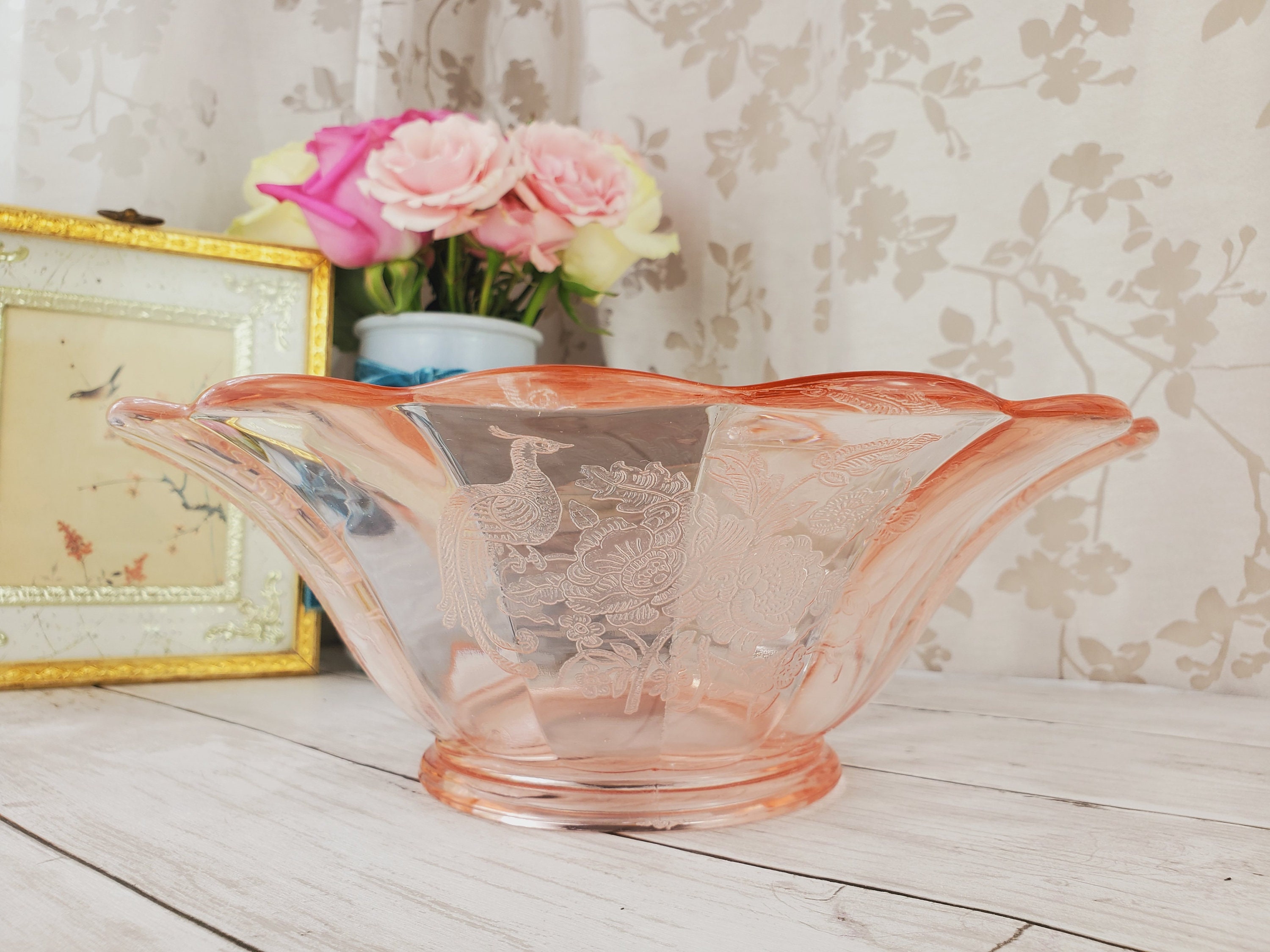 RARE! Paden City Glass Peacock and Wild Rose Pattern Pink Depression ...