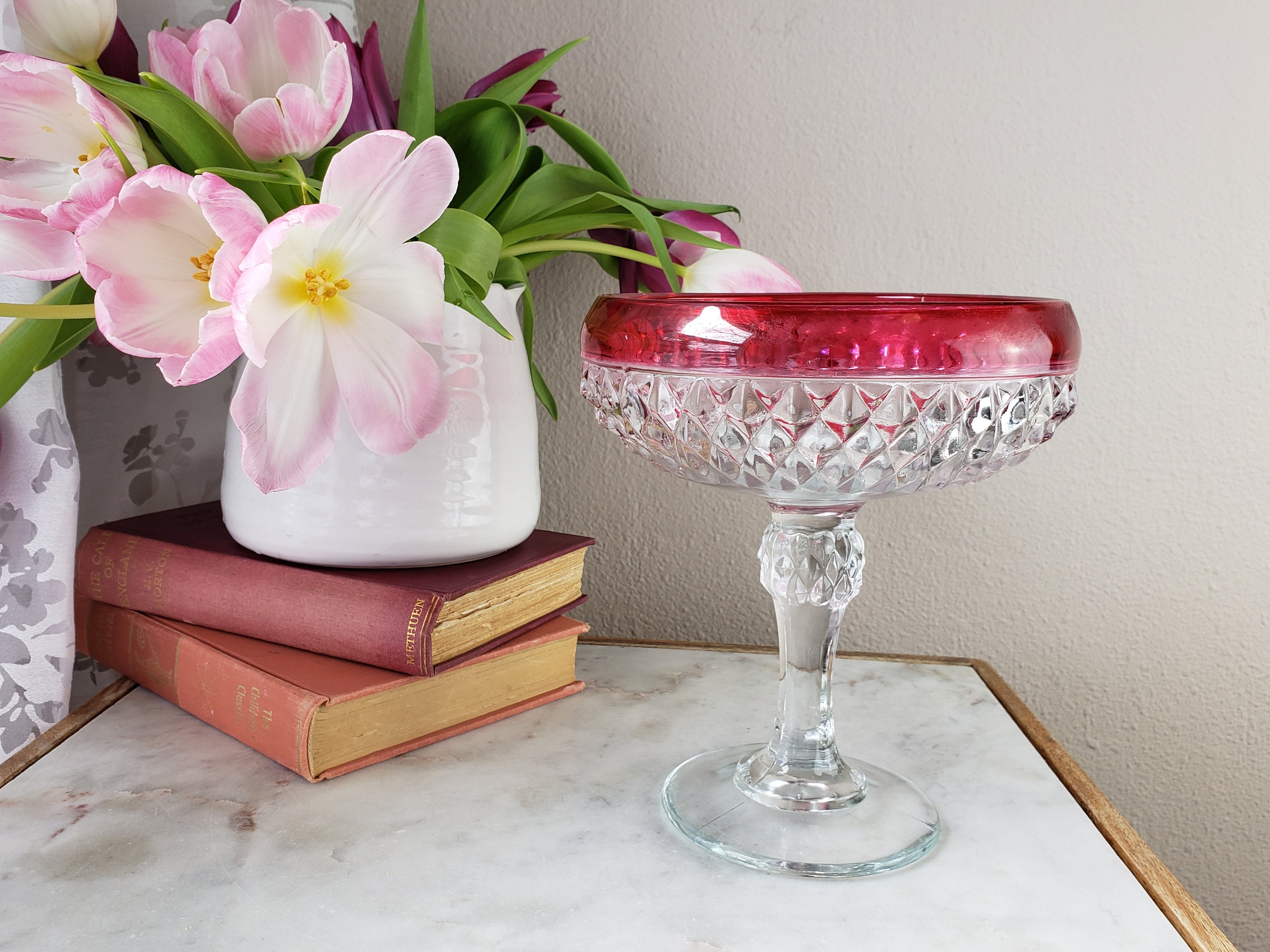 Indiana Glass Cranberry Flashed Diamond Point Cut Glass Compote, Ruby ...
