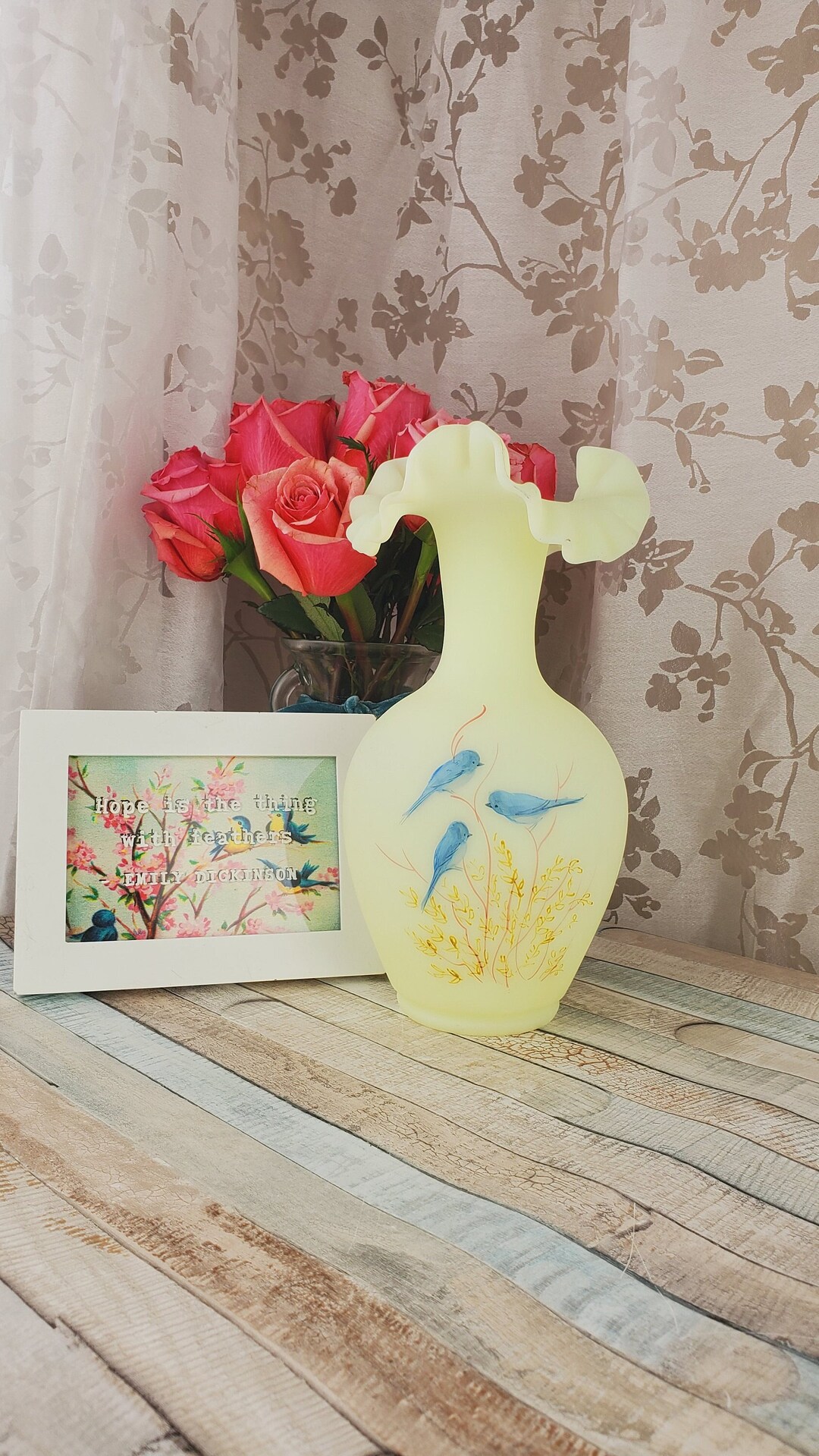 Fenton Lime Custard Glass Vase With Handpainted Birds and - Etsy