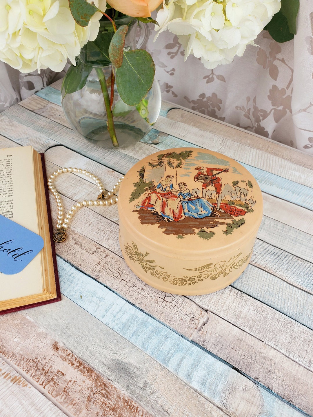 Reuge Sainte-croix Peach Musical Powder Box, Victorian Scene of Ladies ...