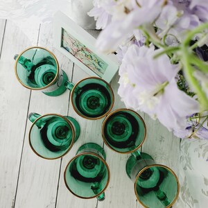 Set of 6! Six Green Glass Footed Mugs With Finger Loops and Gold Rims ...