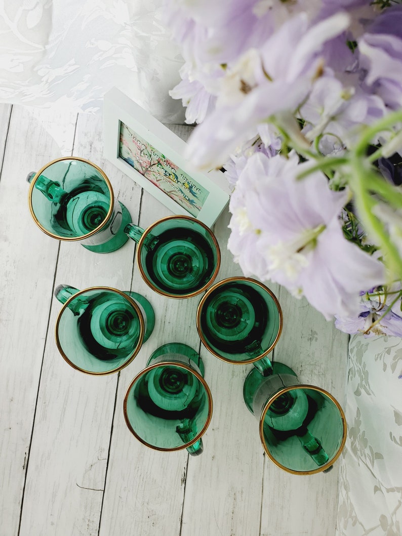 Set of 6 Six Green Glass Footed Mugs With Finger Loops and - Etsy