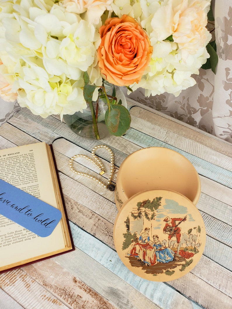 Reuge Sainte-croix Peach Musical Powder Box, Victorian Scene of Ladies ...