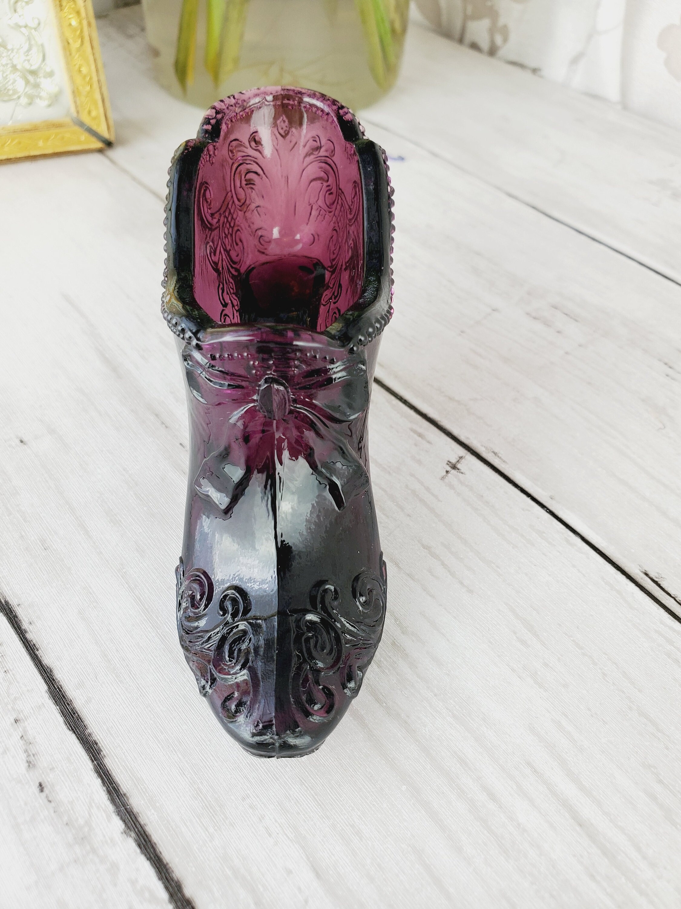 purple shoe STUNNING Amethyst Fenton slipper with bow and scroll detail ...