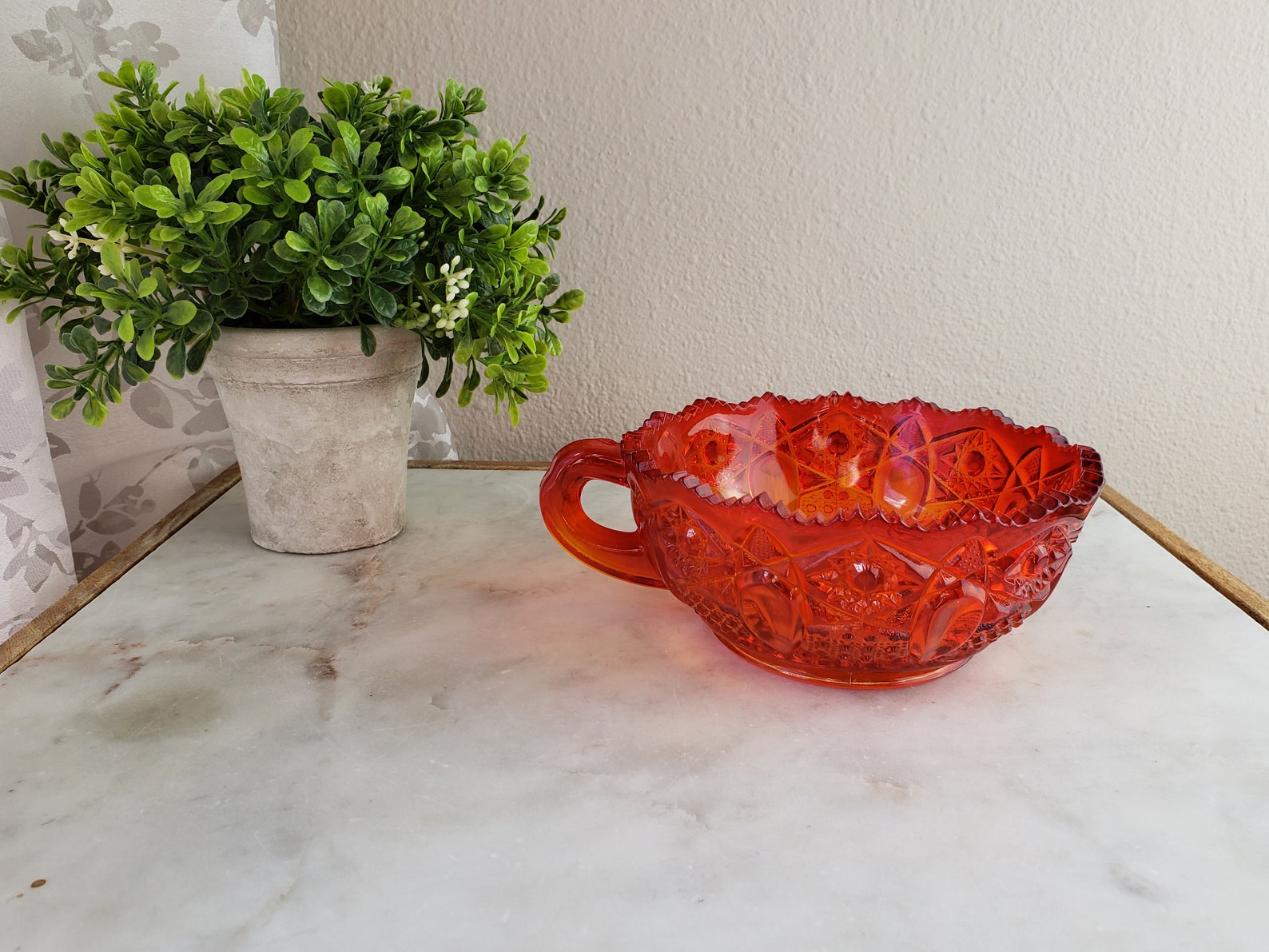 LE Smith Quintec Pattern Amberina Glass Nappy Bowl, Handle, Midmod ...