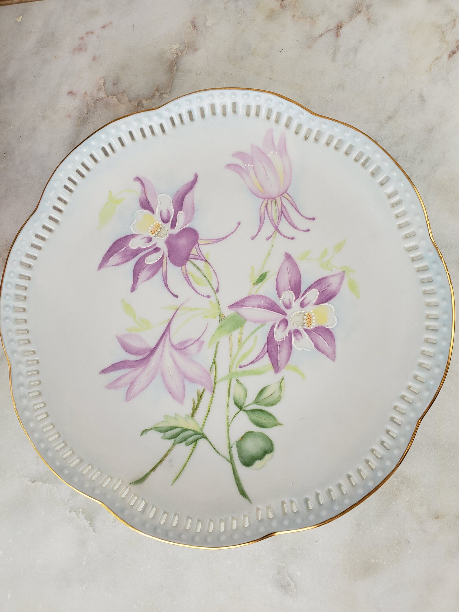 Pretty China Plate With Openwork Border, Purple Flowered Pattern With ...