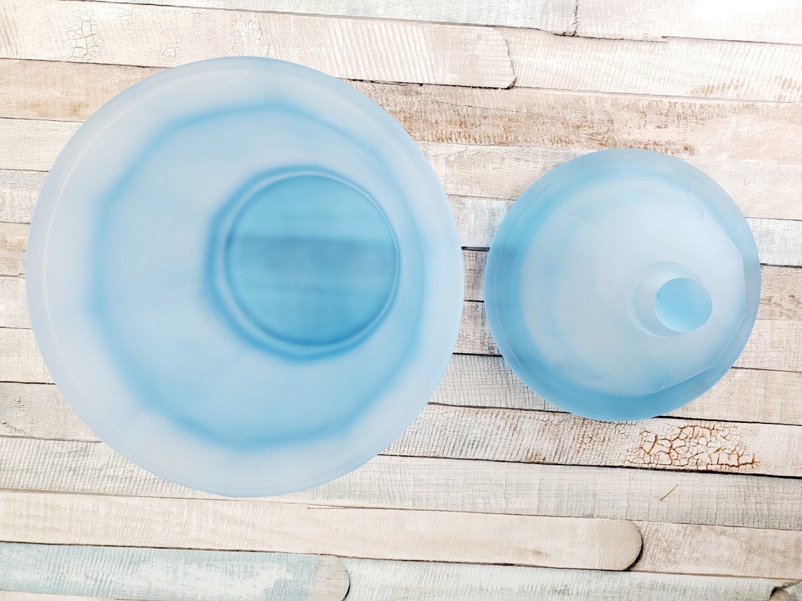 HEAVY frosted sea glass blue glass jar dome lid paneled | Etsy