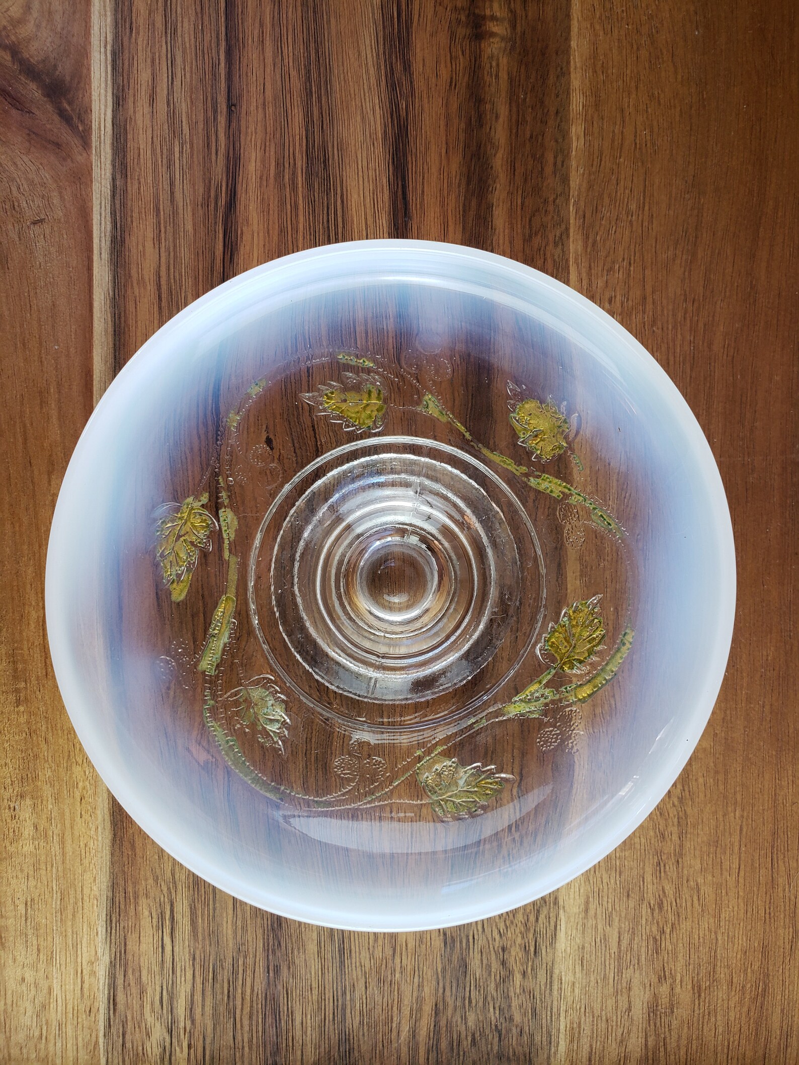 Opalescent Goofus Glass Pedestal Dish, Gold Vine Motif, White to Clear ...