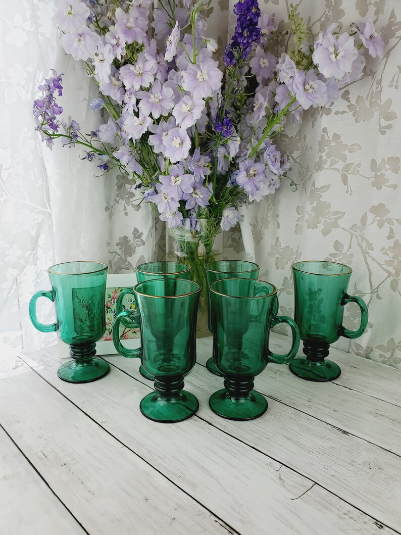 Set of 6 Six Green Glass Footed Mugs With Finger Loops and - Etsy