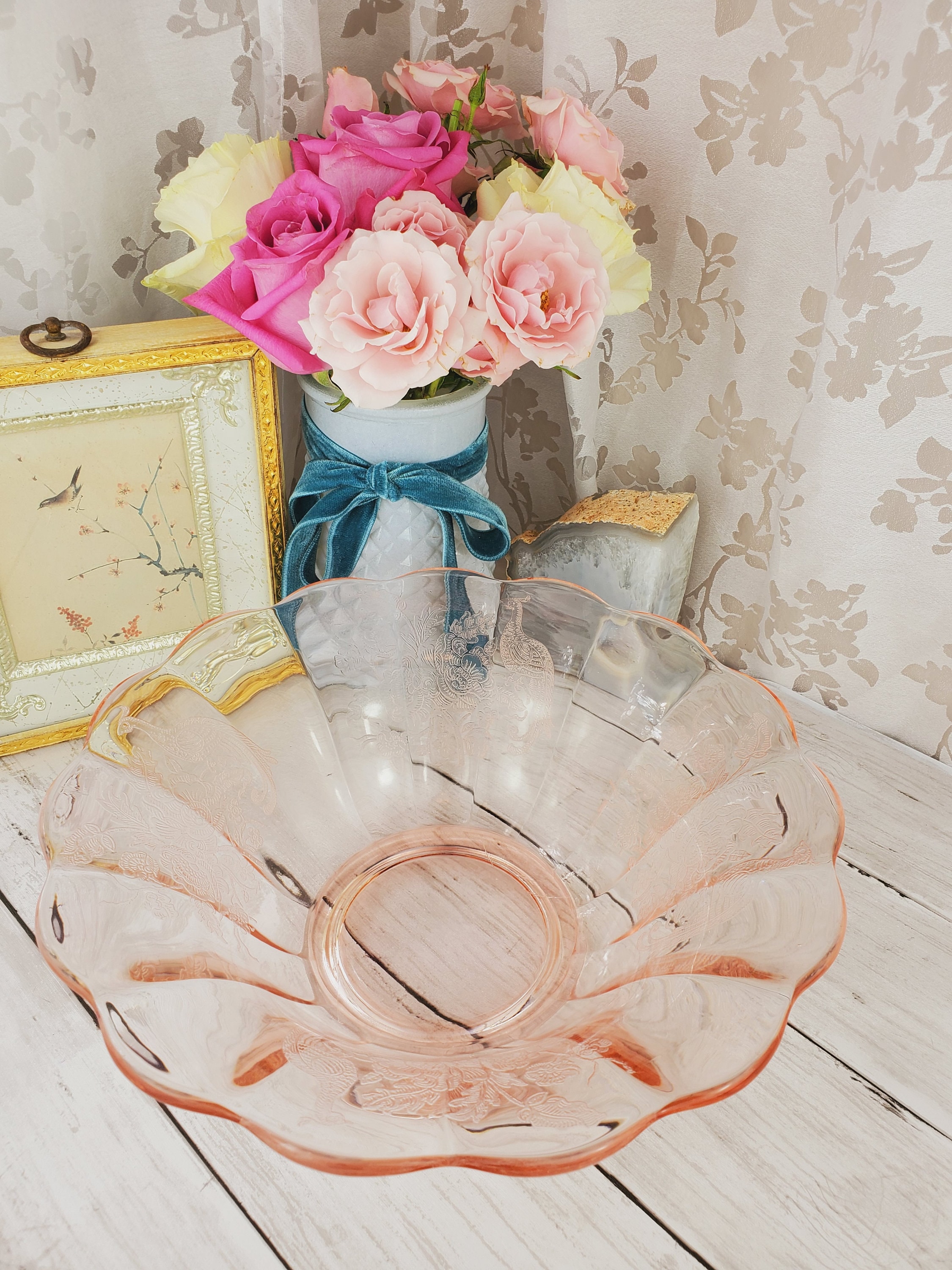RARE! Paden City Glass Peacock and Wild Rose Pattern Pink Depression ...