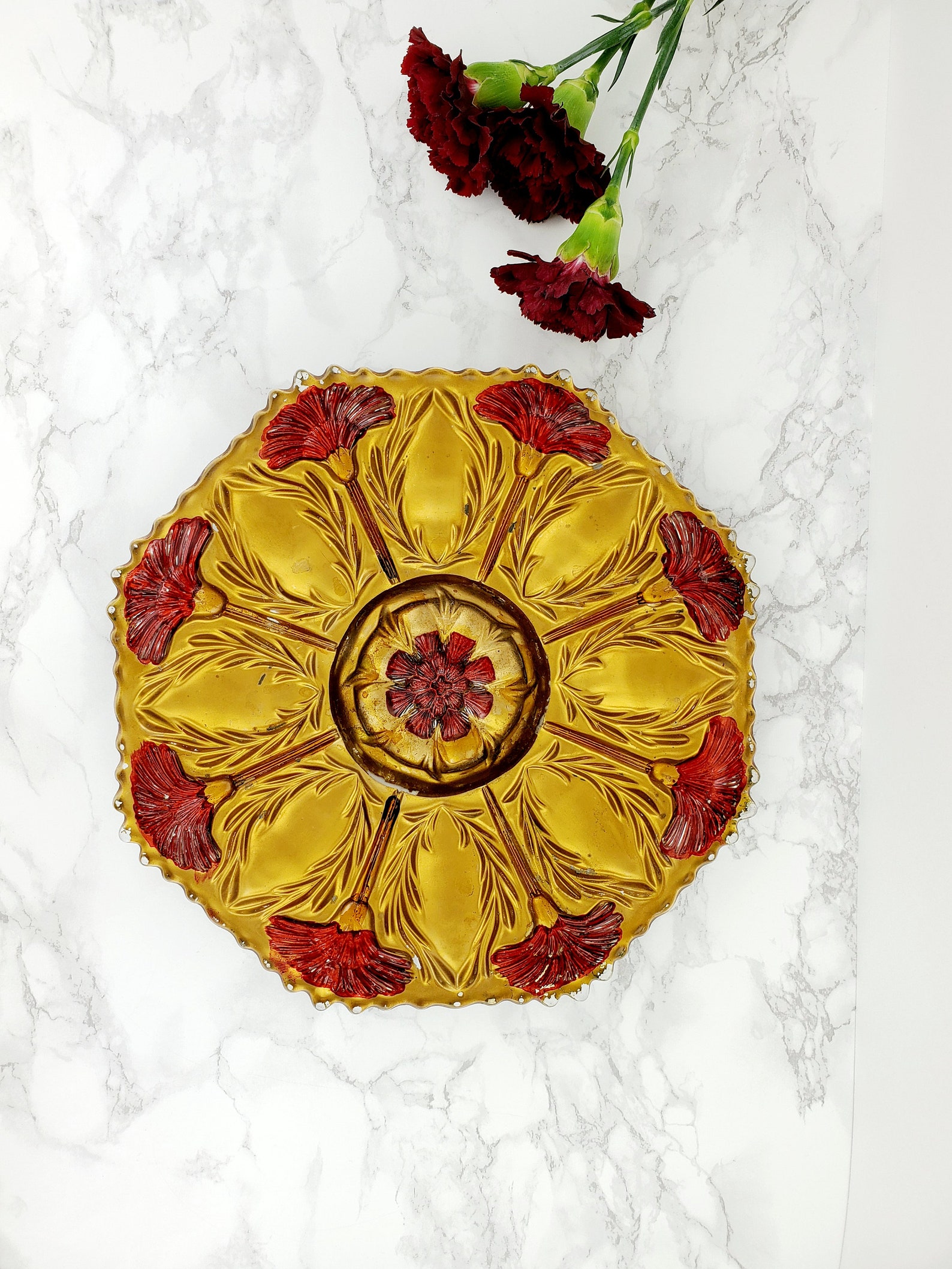 STUNNING Lancaster Glass Carnation Pattern Goofus Glass Platter, Gold ...