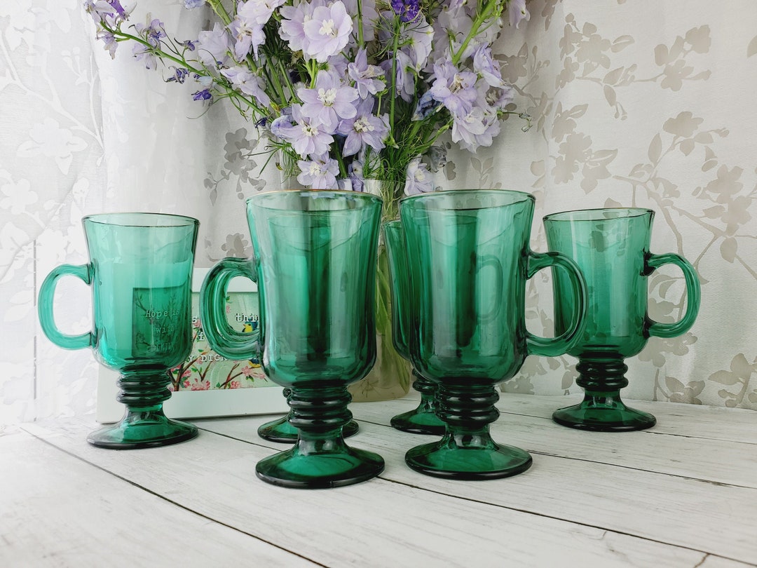 Set of 6! Six Green Glass Footed Mugs With Finger Loops and Gold Rims ...
