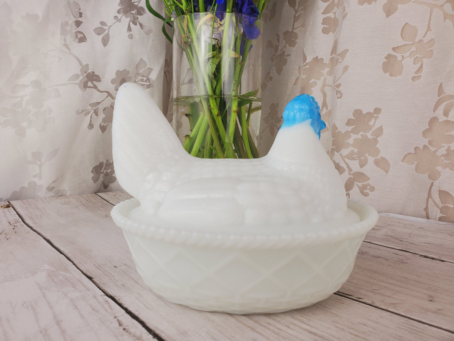 Westmoreland Glass Milk Glass Hen in a Nest With Blue Slag Glass Head ...