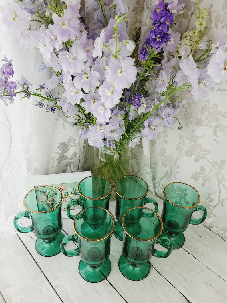 Set of 6 Six Green Glass Footed Mugs With Finger Loops and - Etsy
