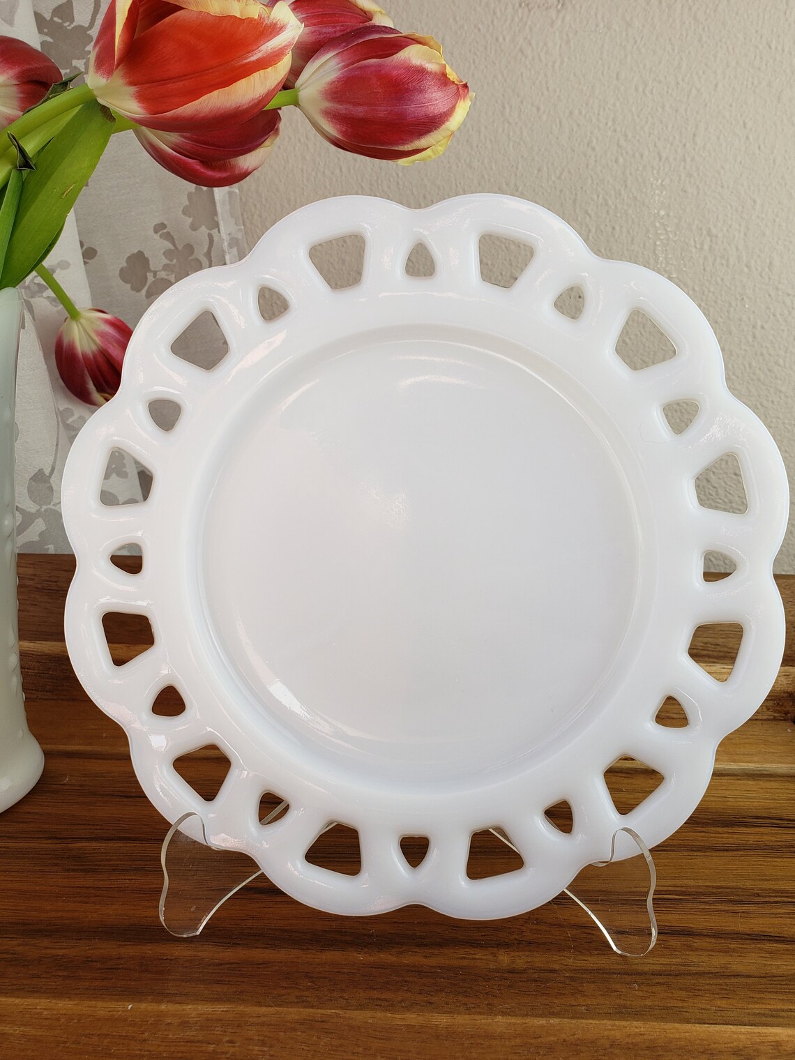 White Milk Glass Plate With Flat Square Lace Edge Milkglass | Etsy