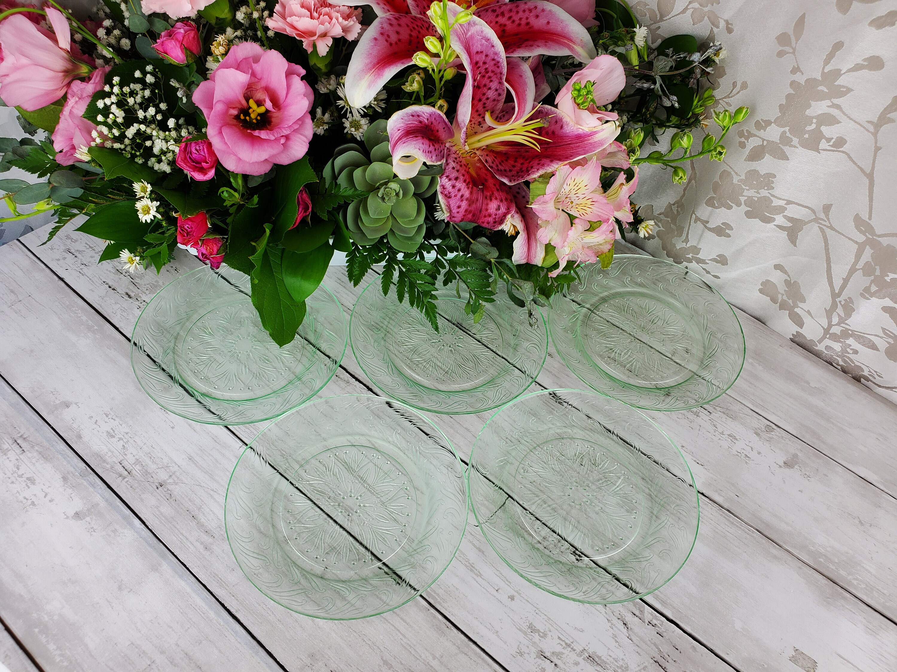 SET of 5 FIVE US Glass Scroll Pattern Green Depression Glass - Etsy