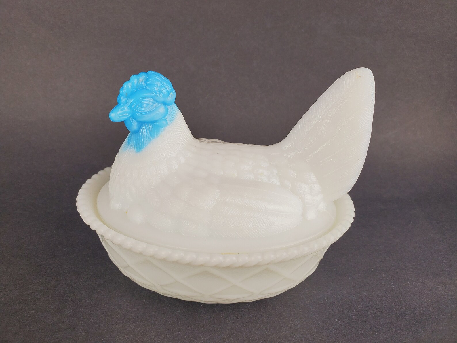 Westmoreland Glass Milk Glass Hen in a Nest With Blue Slag Glass Head ...