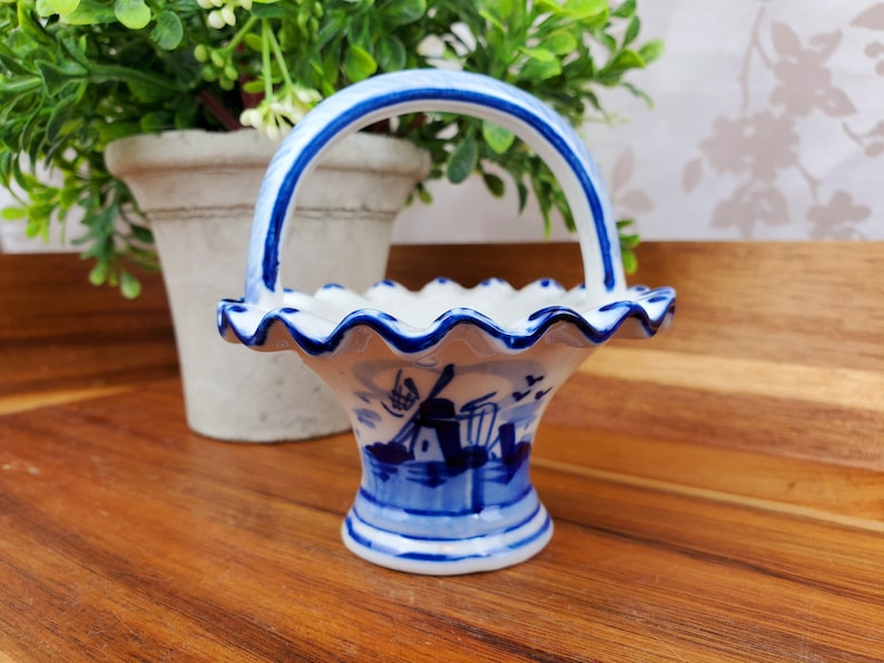 Delft Blue Handpainted Miniature Porcelain Basket With Windmill Scene ...