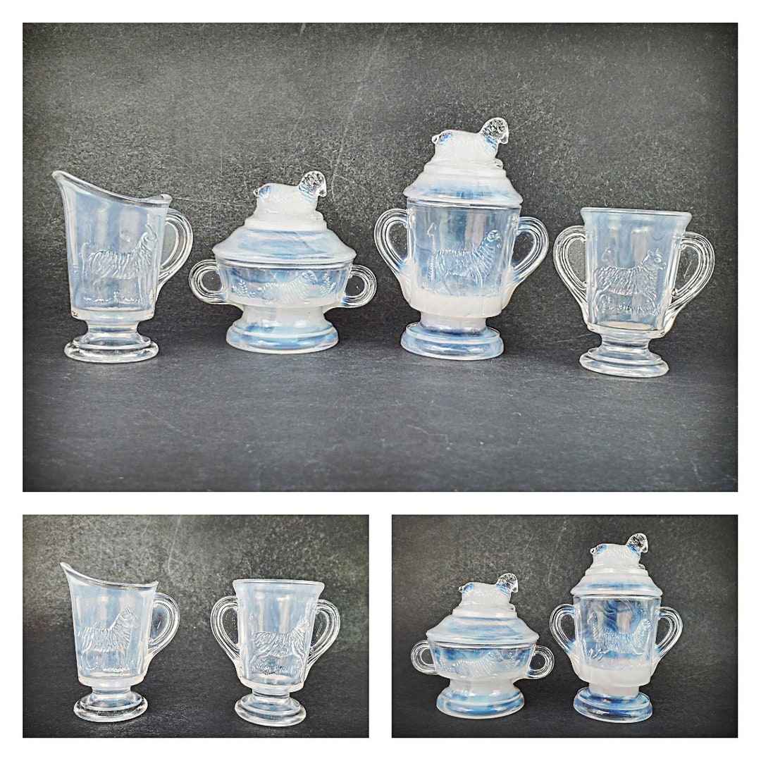 1970s Boyd Glass Miniature Opalescent Lamb Tea Set, Six Pieces: Sugar ...