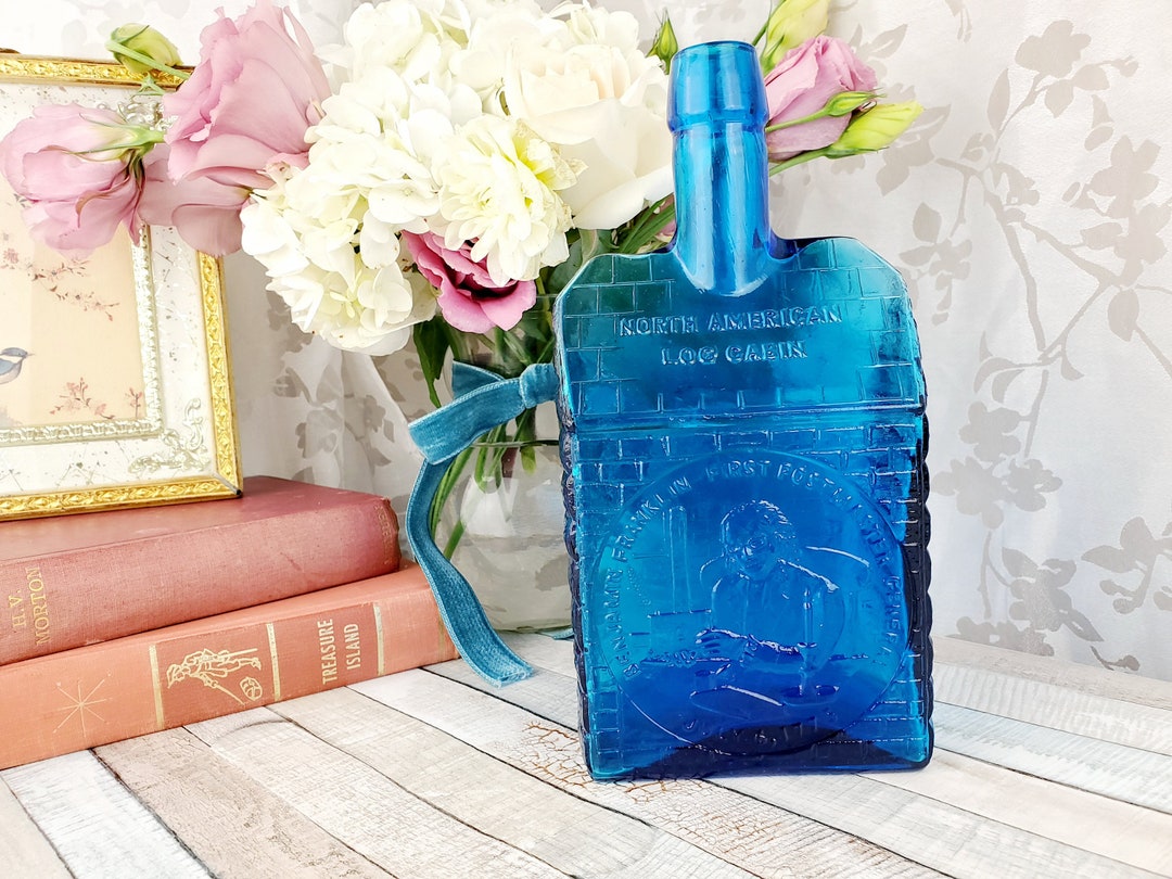 Clevenger Bros Glass Cobalt Blue American Bicentennial Log Cabin Bottle ...