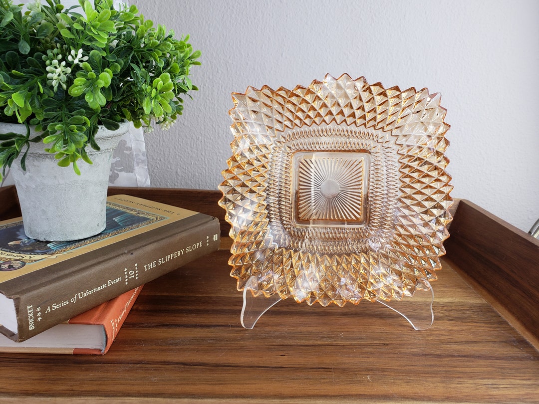 Indiana Glass Co Diamond Point Square Iridescent Peach Dish, Marigold ...