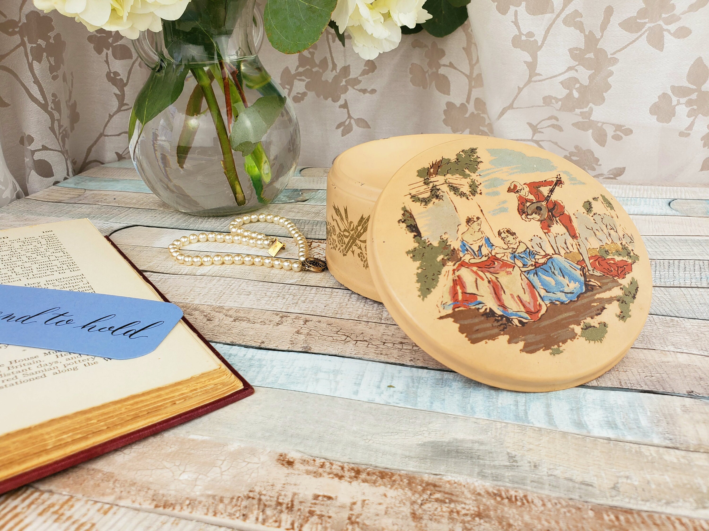 Reuge Sainte-croix Peach Musical Powder Box, Victorian Scene of Ladies ...