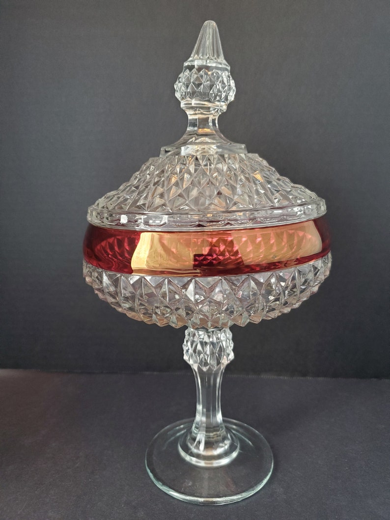 Indiana Glass Ruby Band Diamond Point Cut Glass Compote - Etsy