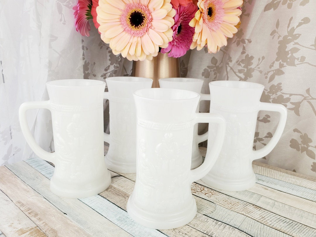 Set of 5! Milk Glass Beer Tankards With Tavern Scene, Five Beer Mugs ...
