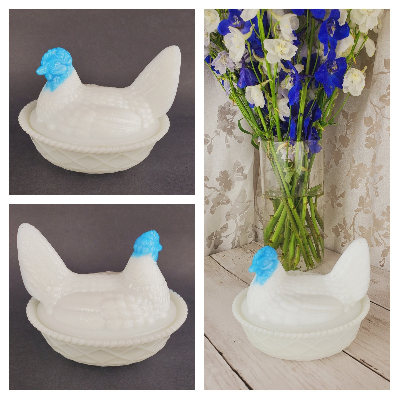 Westmoreland Glass Milk Glass Hen in a Nest With Blue Slag Glass Head ...