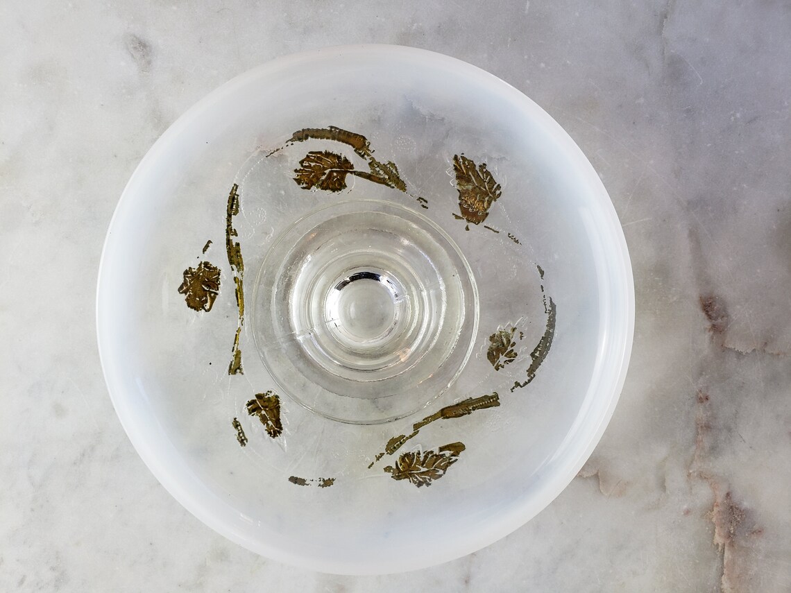Opalescent Goofus Glass Pedestal Dish, Gold Vine Motif, White to Clear ...