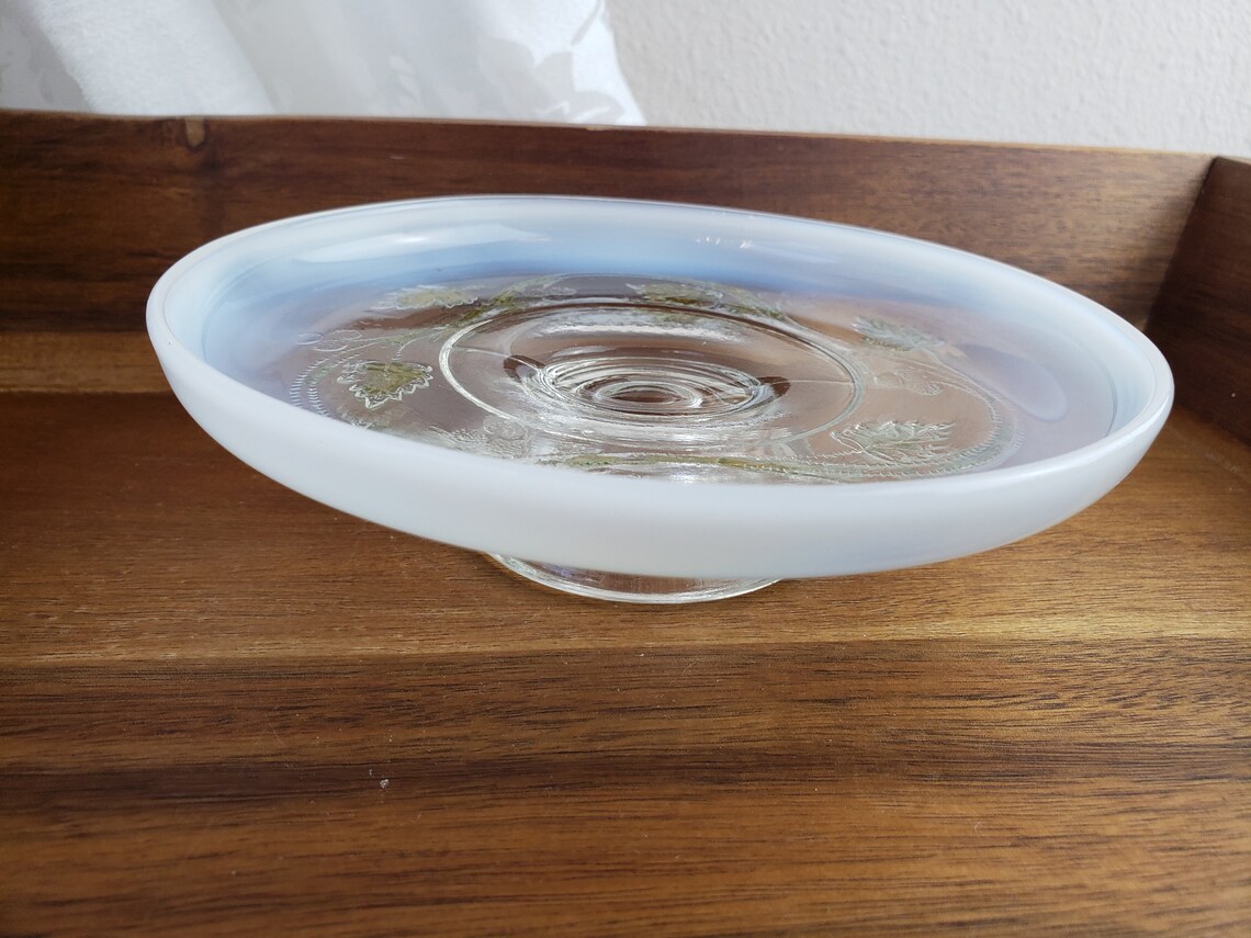 Opalescent Goofus Glass Pedestal Dish, Gold Vine Motif, White to Clear ...