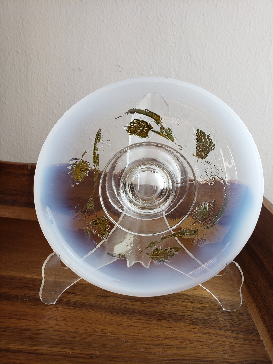 Opalescent Goofus Glass Pedestal Dish, Gold Vine Motif, White to Clear ...