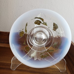 Opalescent Goofus Glass Pedestal Dish, Gold Vine Motif, White to Clear ...