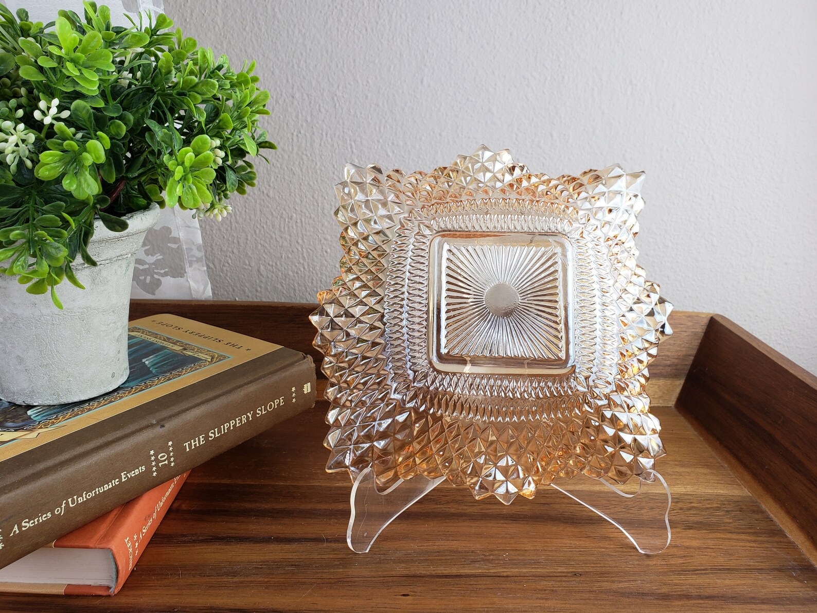 Indiana Glass Co Diamond Point Square Iridescent Peach Dish - Etsy