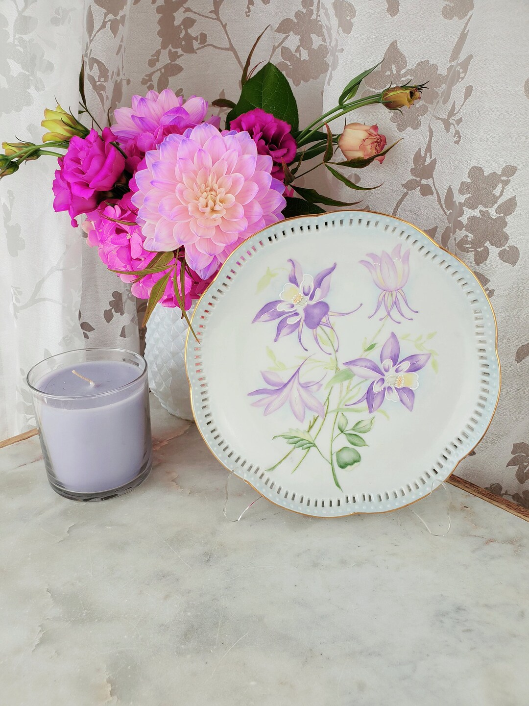 Pretty China Plate With Openwork Border, Purple Flowered Pattern With ...