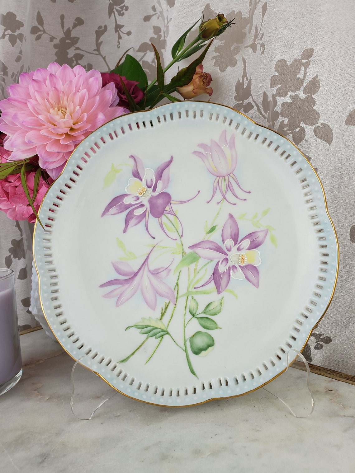 Pretty China Plate With Openwork Border, Purple Flowered Pattern With ...