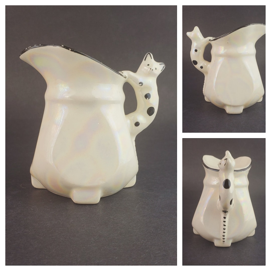 Iridescent Pottery Pitcher With Cat Handle, Vintage House Plant Planter ...