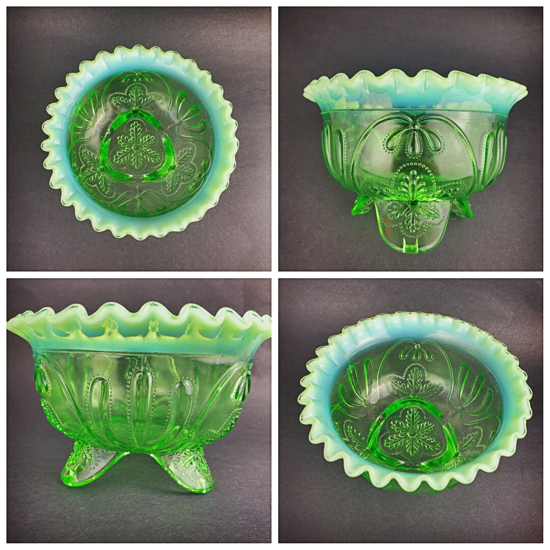 1900s Jefferson Glass Meander Pattern Three Footed Green Opalescent ...
