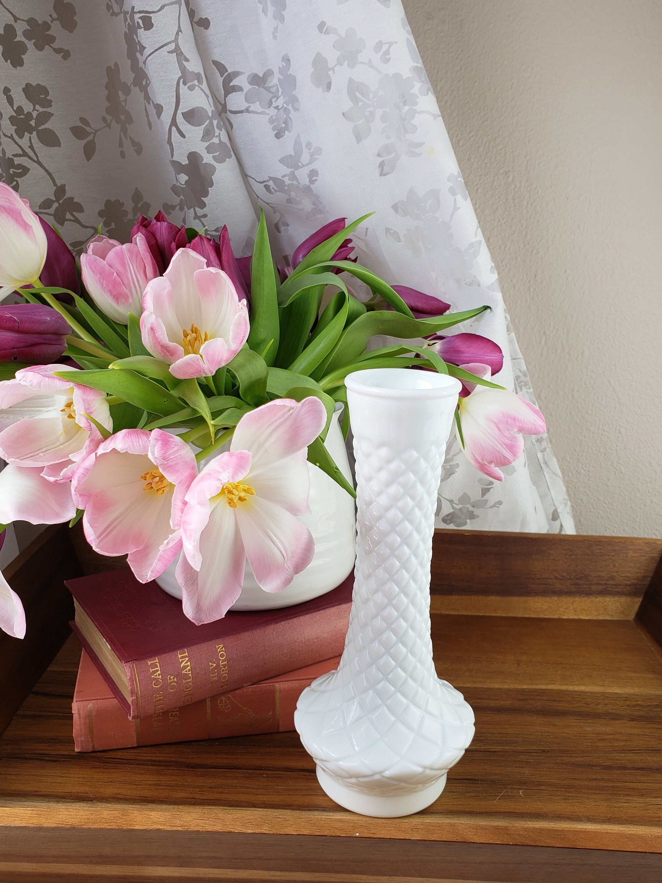 White Milk Glass Diamond Pattern Vase Crisscross Pattern | Etsy