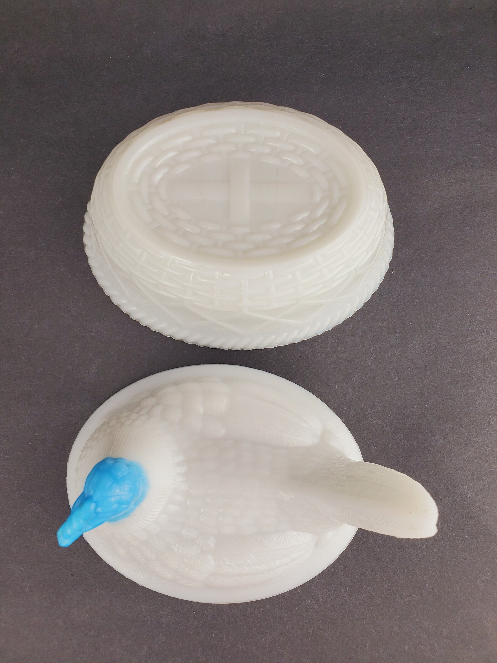 Westmoreland Glass Milk Glass Hen in a Nest With Blue Slag Glass Head ...