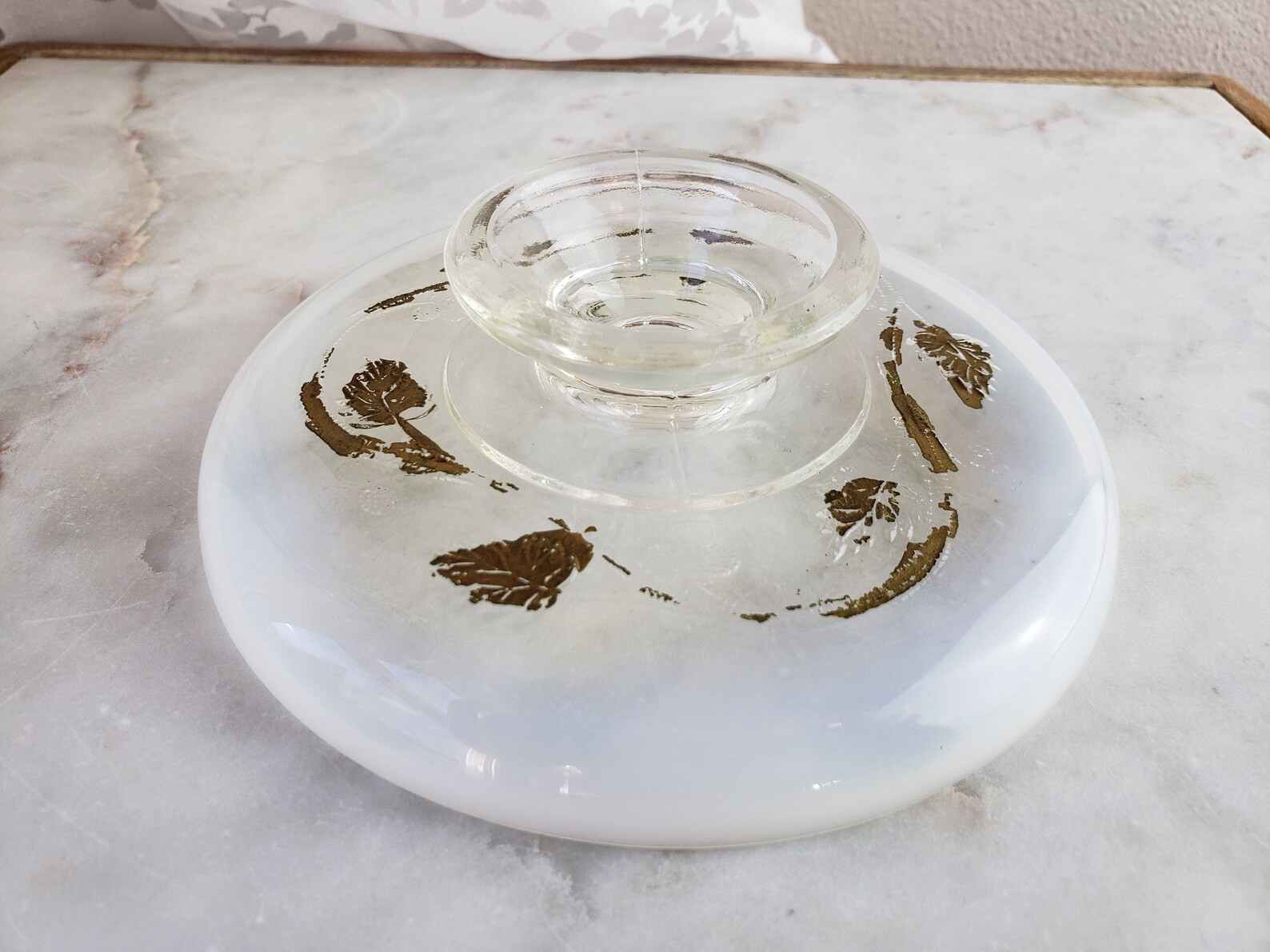 Opalescent Goofus Glass Pedestal Dish, Gold Vine Motif, White to Clear ...