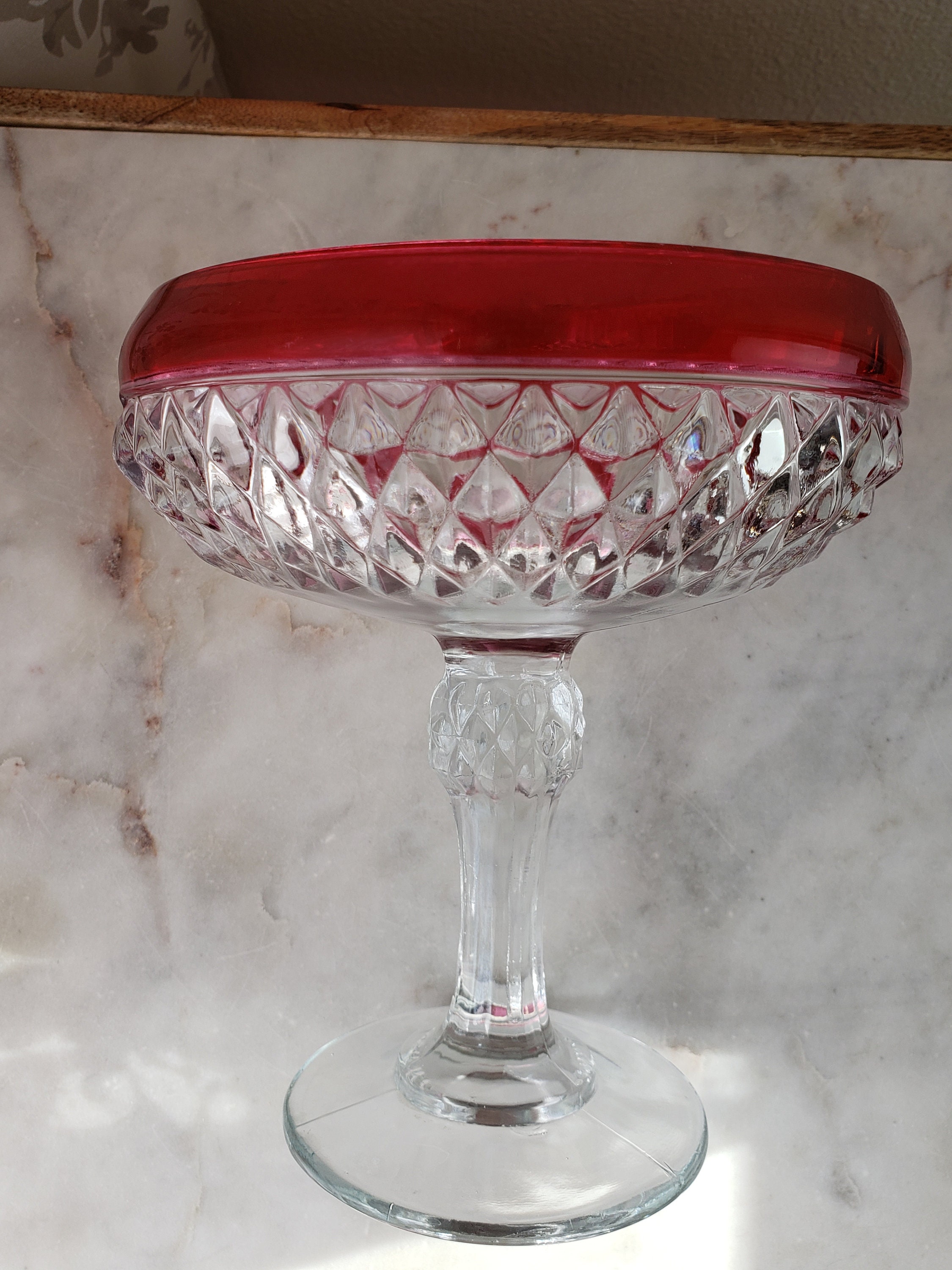 Indiana Glass Cranberry Flashed Diamond Point Cut Glass Compote, Ruby ...