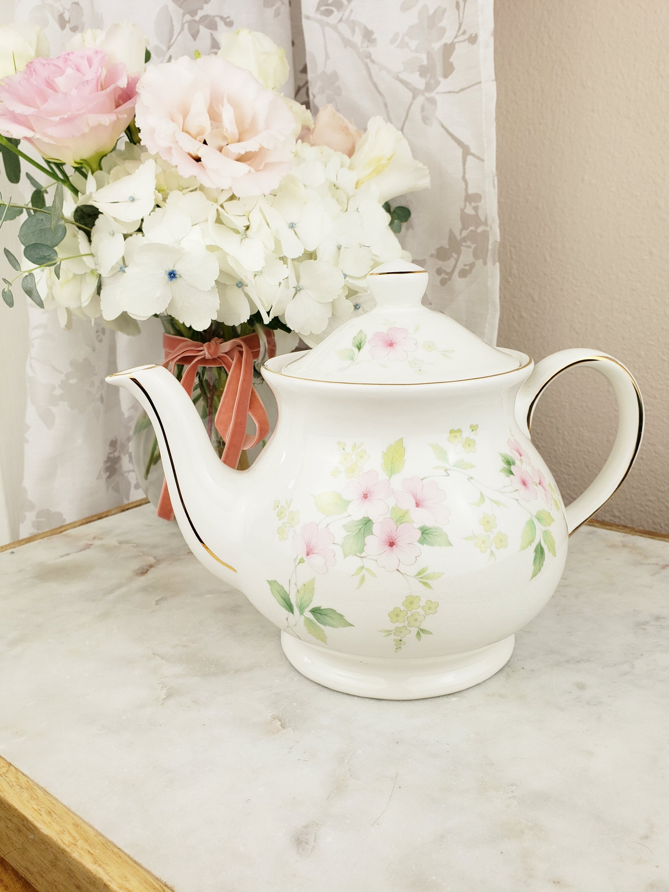 Sweet Sadler Teapot With Light Pink and Green Floral Design on Cream ...