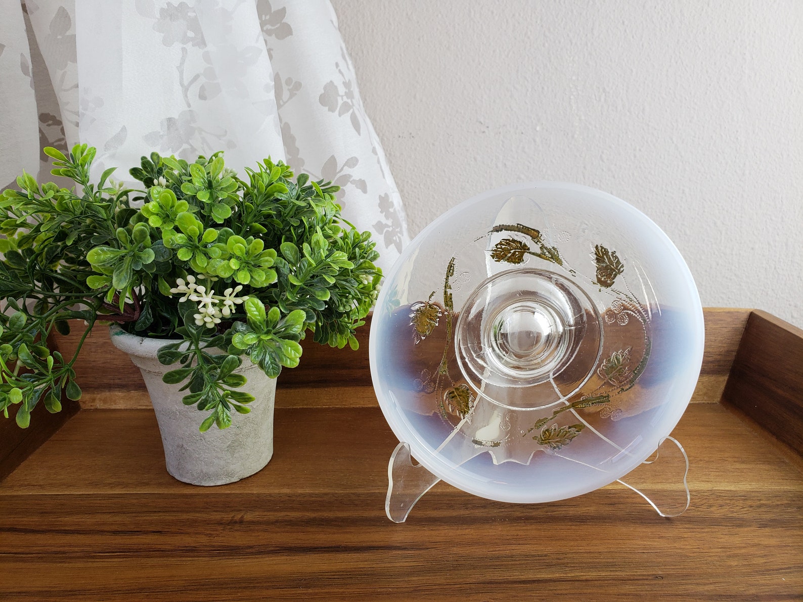 Opalescent Goofus Glass Pedestal Dish, Gold Vine Motif, White to Clear ...