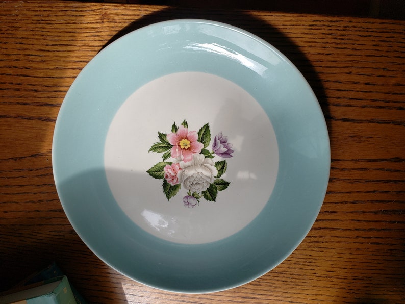 China Plate, Blue Border, Floral Pattern, Mint Blue, Dinner Plate ...
