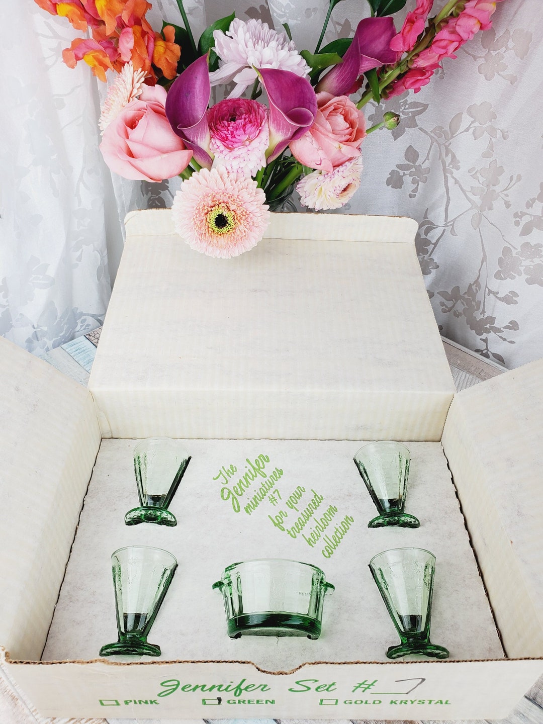 Mosser Glass Miniature Jennifer Set#7 Four Cups and Ice Bucket Green Children's Toy Set - Etsy