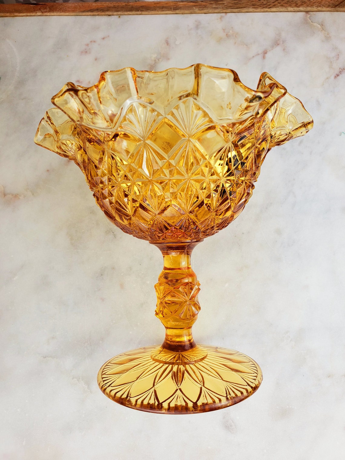 Fenton Amber Glass Footed Compote Fine Cut and Block Pattern - Etsy