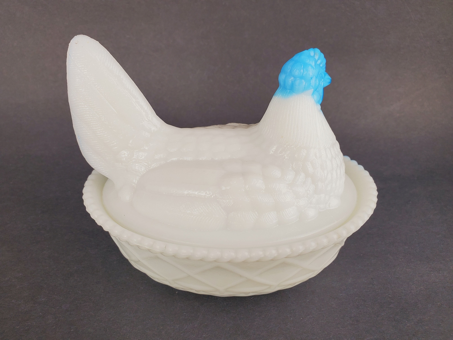 Westmoreland Glass Milk Glass Hen in a Nest With Blue Slag Glass Head ...