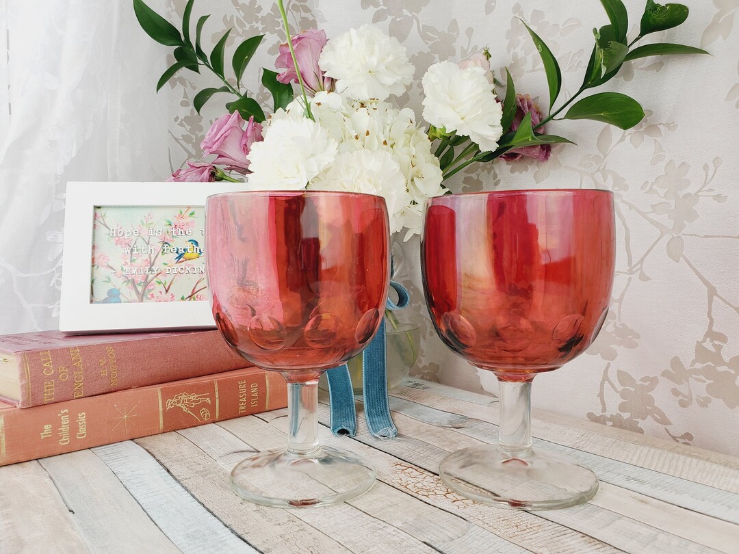 PAIR of Fuschia Thumbprint Goblets, Large Midcentury Glasses With ...