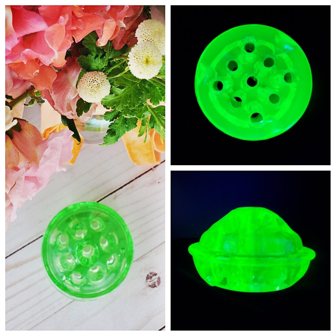 Uranium Glass Flower Block, Green Depression Glass Flower Frog - Etsy